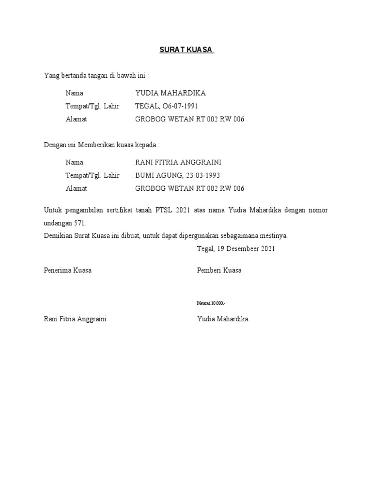 Surat Kuasa Pengambilan Sertifikat Tanah | PDF