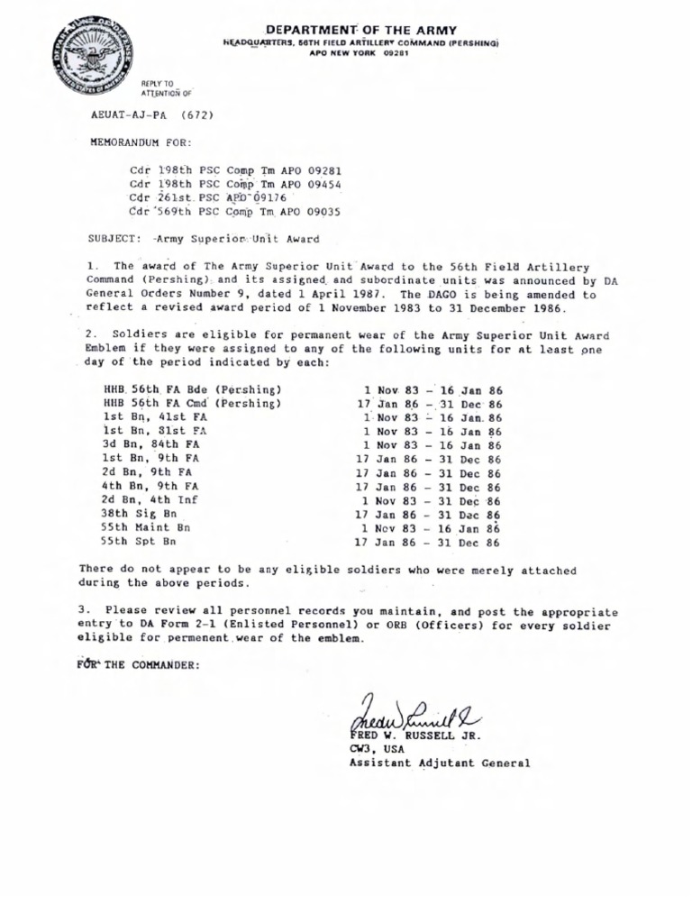 Department of the Army General Orders 9-87 | Battalion | Brigade
