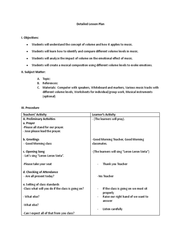 Detailed Lesson Plan Music | Download Free PDF | Cognition | Cognitive ...
