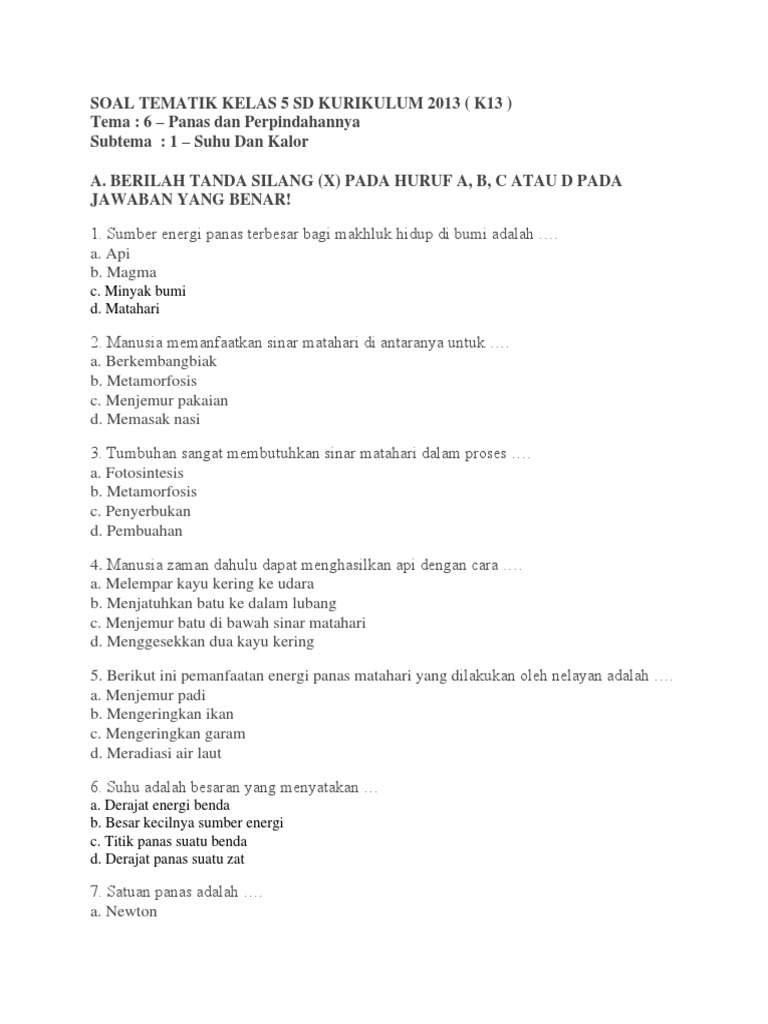 SOAL TEMATIK Tema 6 - 9 Kelas 5 Semester 2 | PDF | Sains & Matematika