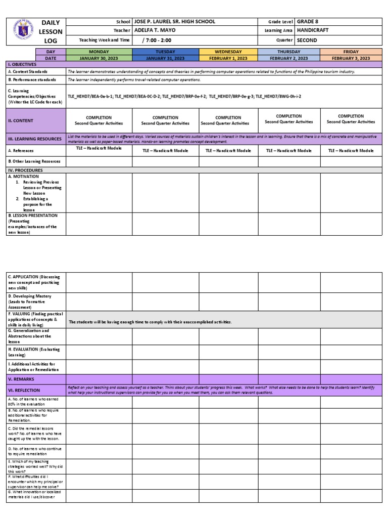 Grade 8 - DLL - Handicraft - Completion | PDF | Learning | Teachers