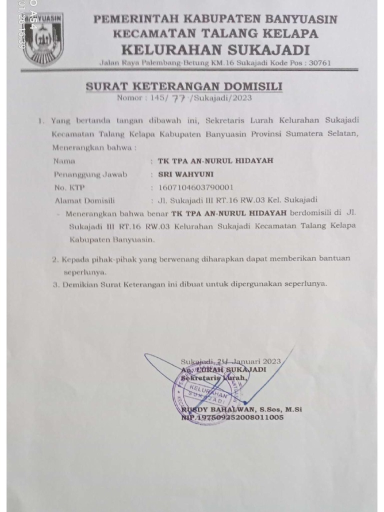 Surat Keterangan Domisili TPQ | PDF