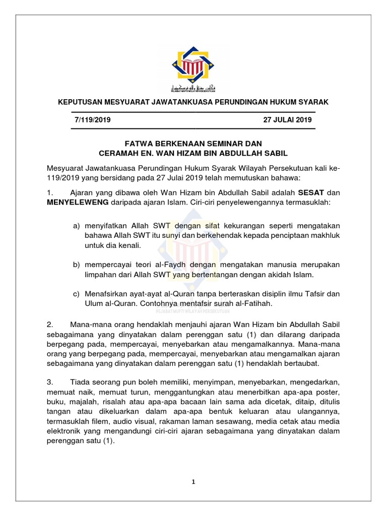 Fatwa Berkenaan Seminar Dan Ceramah En. Wan Hizam Bin Abdullah Sabil | PDF