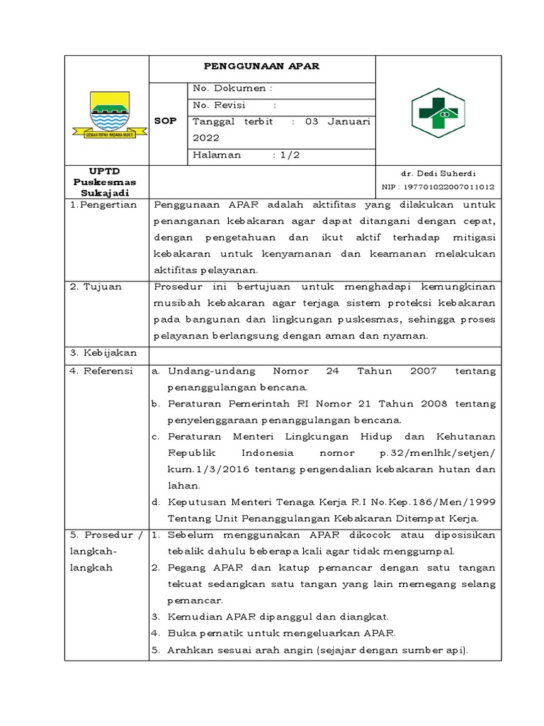 SOP Penggunaan APAR di Puskesmas | PDF