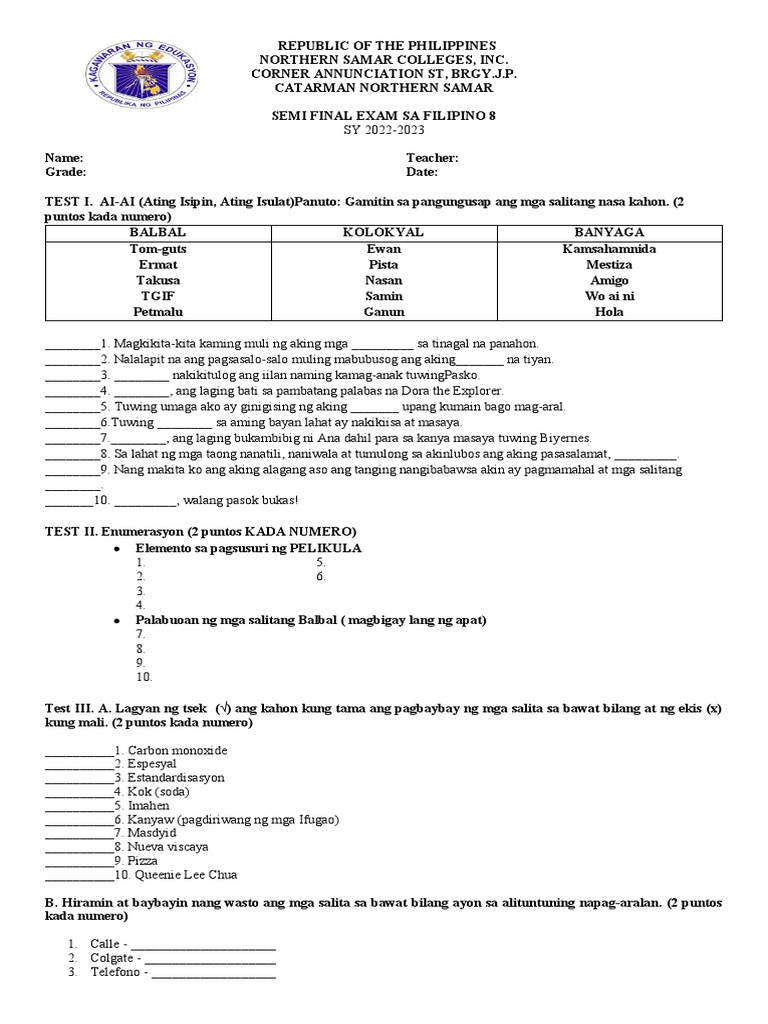 Semi Final Exam Fil8 | PDF