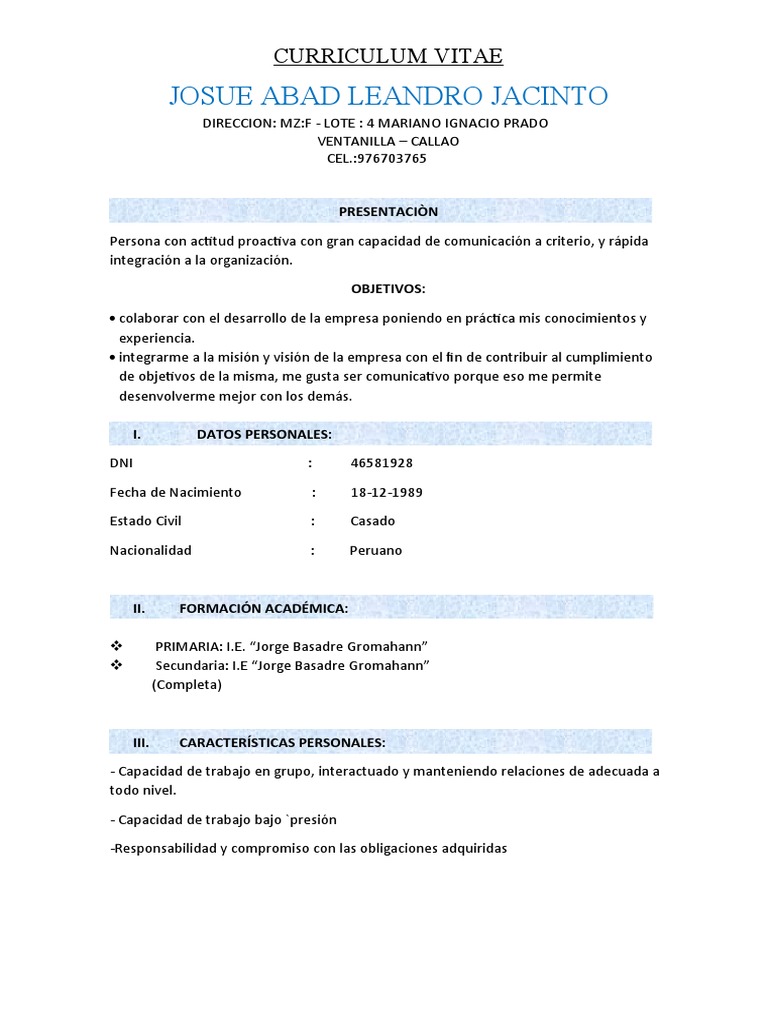 Josue Abad Leandro Jacinto: Curriculum Vitae | PDF