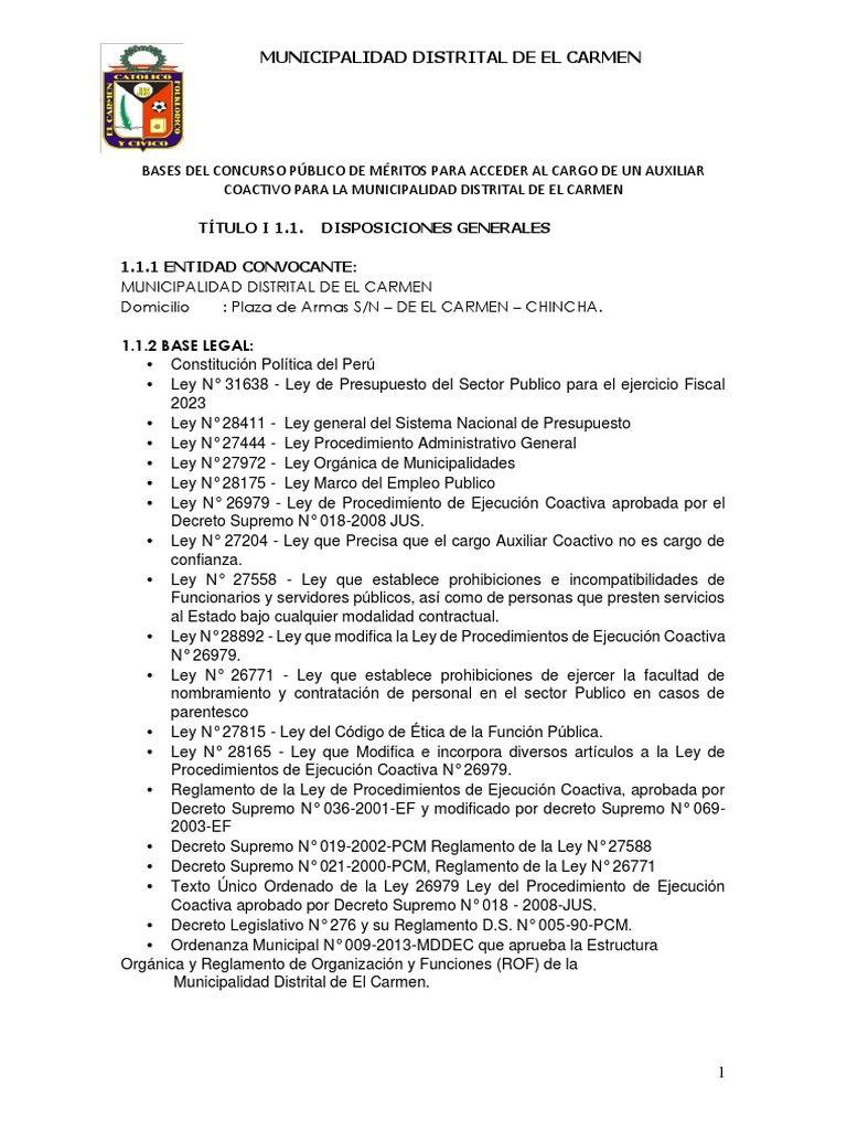 Municipalidad Distrital de El Carmen O: Título I 1.1. Disposiciones Generales 1.1.1 Entidad ...