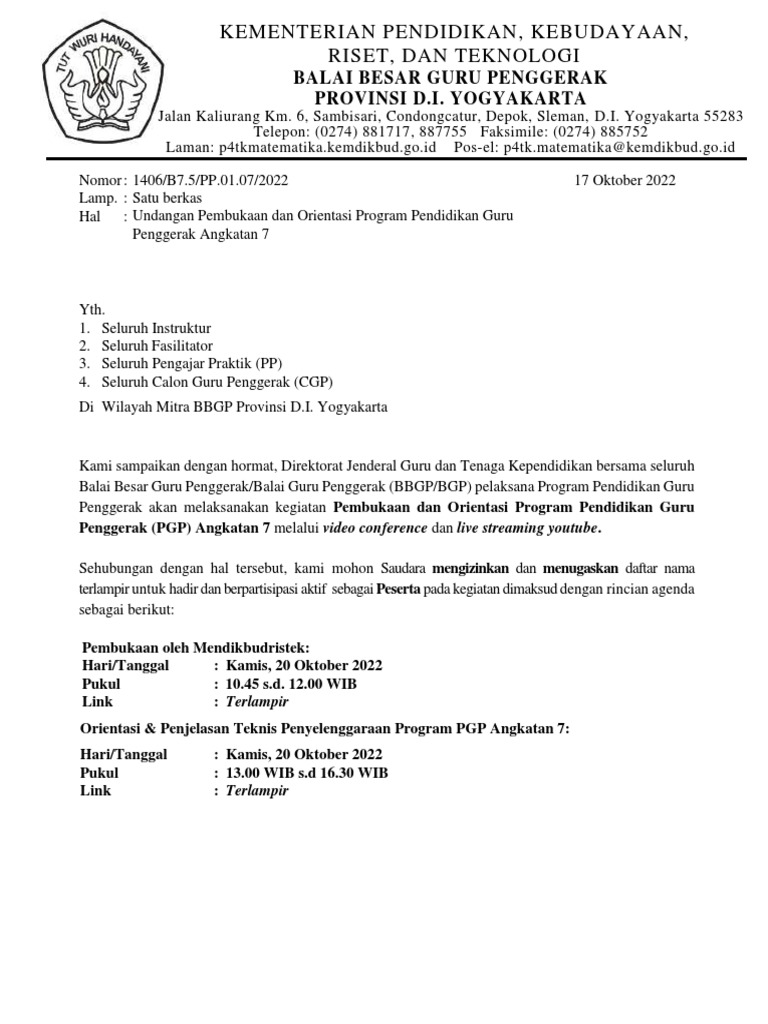(1406) Undangan Pembukaan Dan Orientasi Program PGP A7-revYL | PDF
