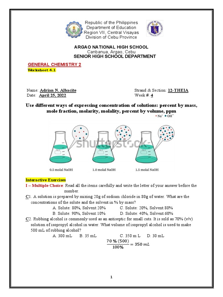 Adrian Albacite - Worksheet 4.1 - Different Ways of Expressing Concentration of Solutions | PDF ...