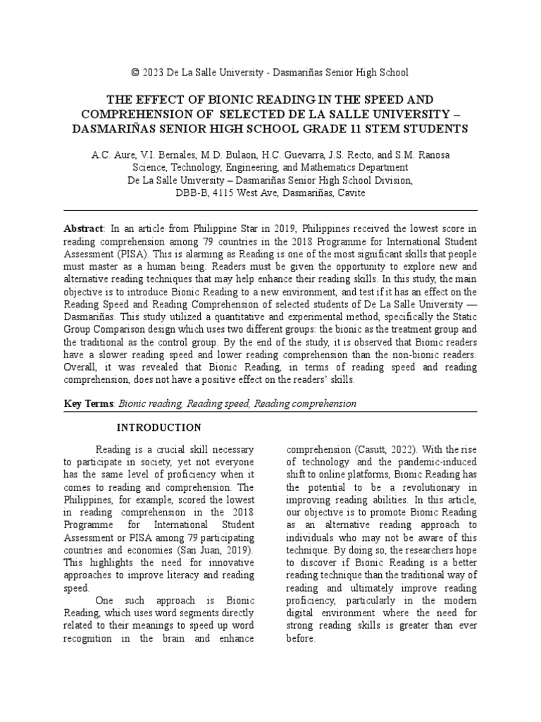 The Effect of Bionic Reading in The Speed and Comprehension of Selected ...