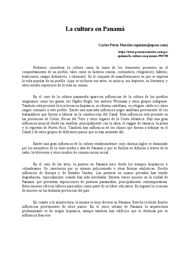 LECTURA 1 A La Cultura en Panamá | PDF | Panamá