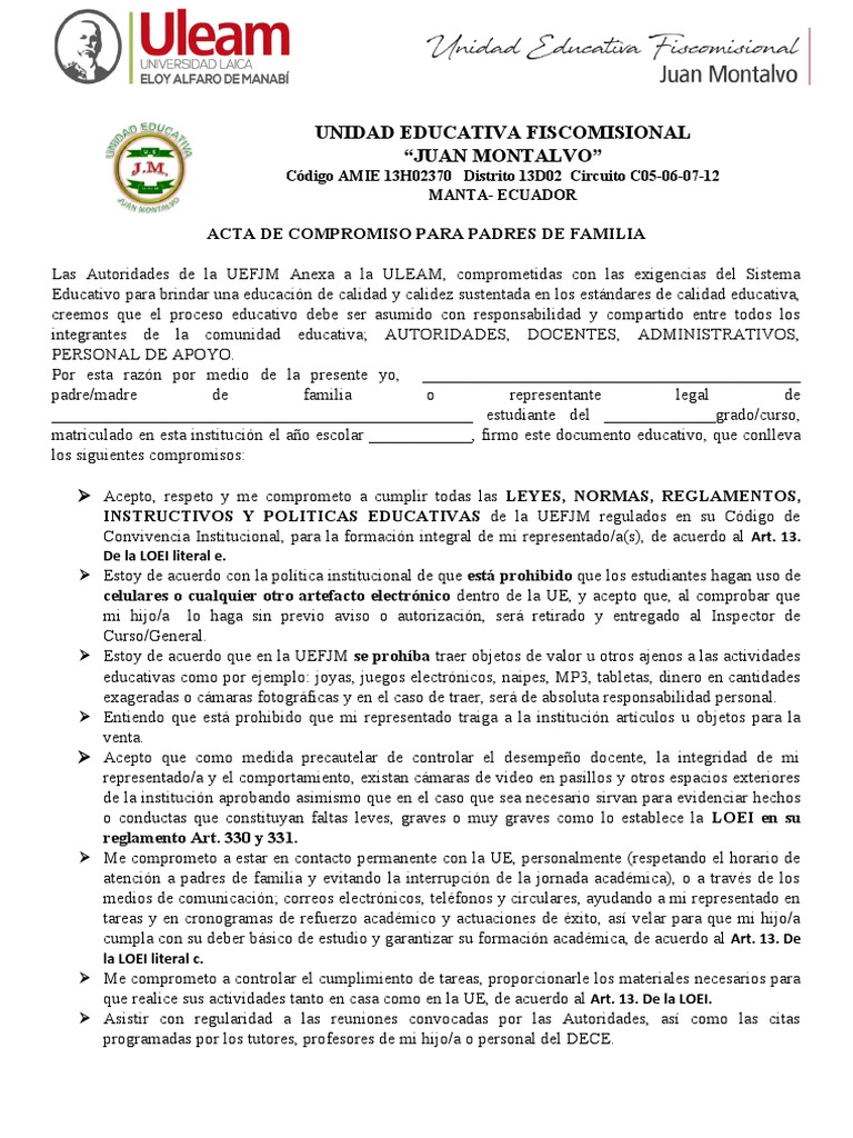 Acta de Compromiso para Padres 2022 - 2023 | PDF