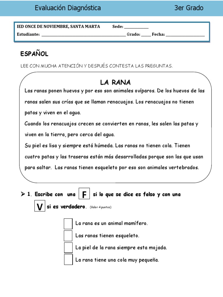 Evaluacion Diagnostica Grado Tercero | PDF | Rana