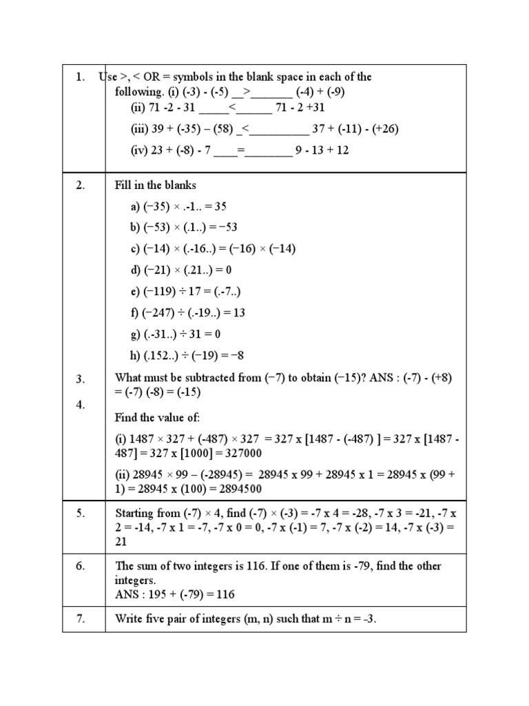 Maths Intergers Ws Pdf Multiplication Mathematics