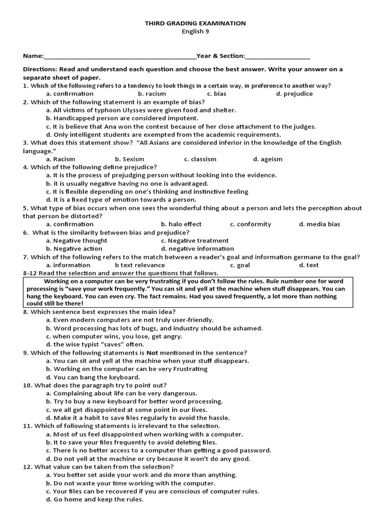 Third Periodical Examination | PDF | Bias | Prejudices