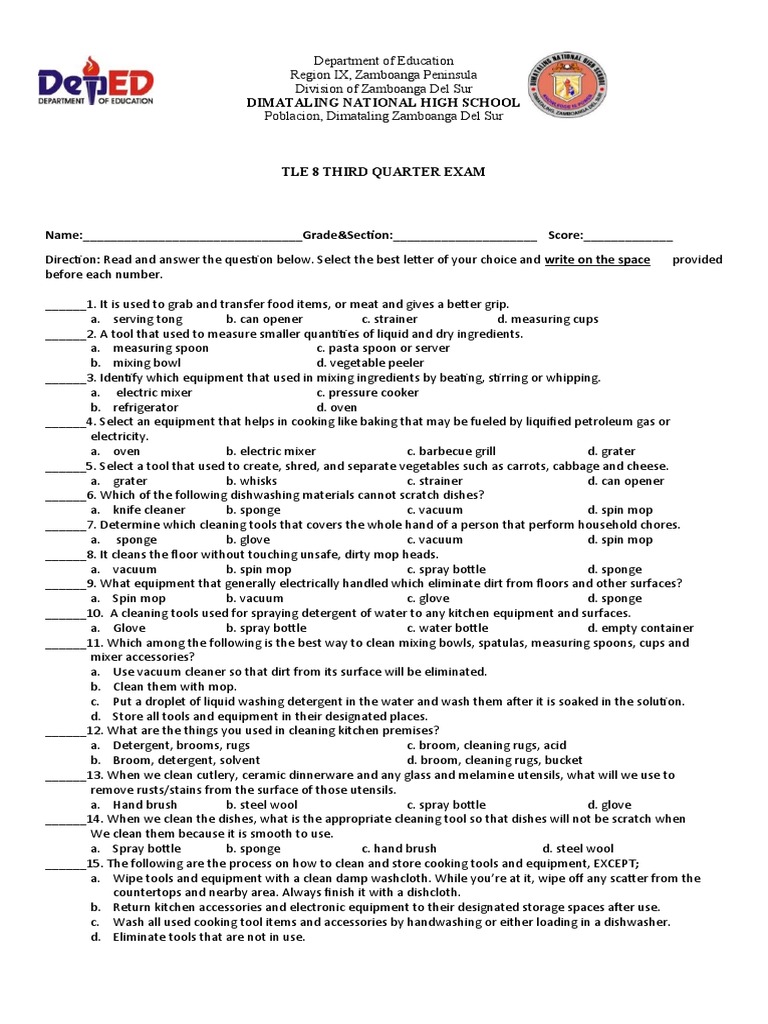 TLE 8 Third Quarter Exam: An Assessment of Knowledge in Cooking Tools, Cleaning Equipment, and ...