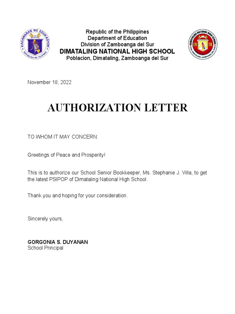 Authorization Letter: Dimataling National High School | PDF