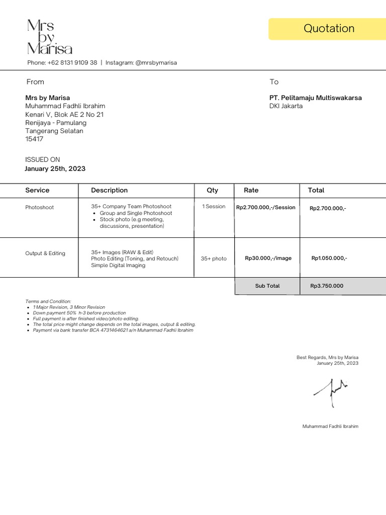 Contoh Quotation Photoshoot 2023 | PDF | Imaging