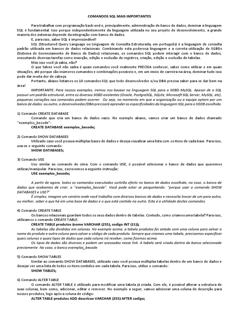 Apostila Comandos SQL | PDF | SQL | Bancos de dados