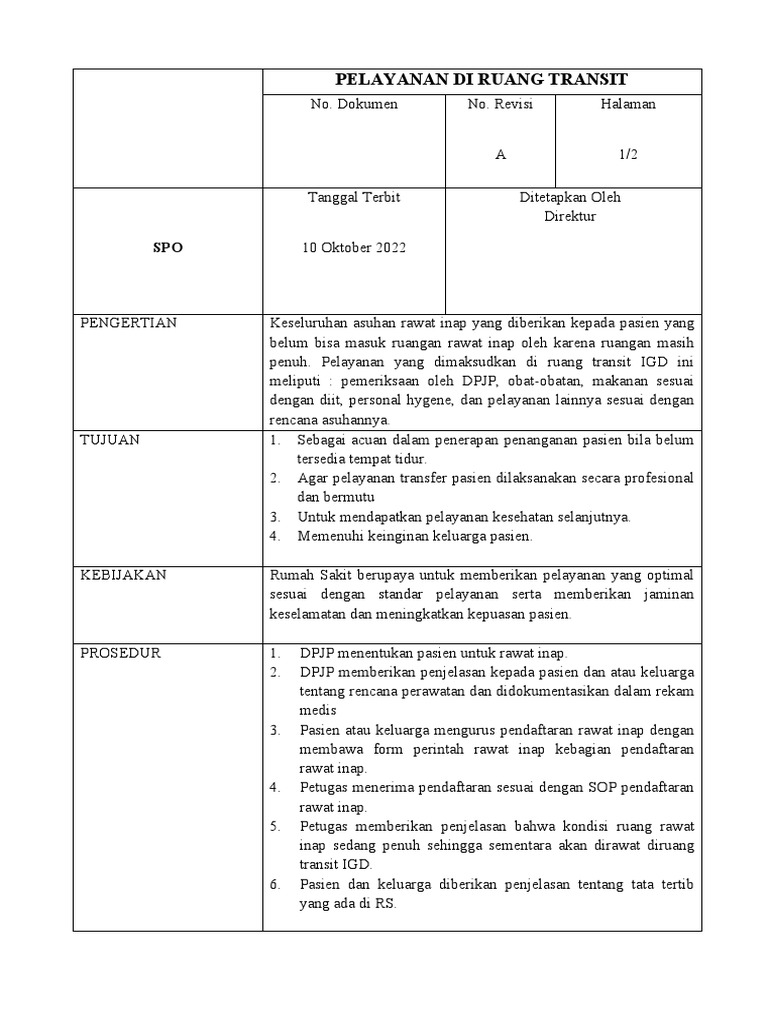 Sop Pelayanan Di Ruang Transit | PDF