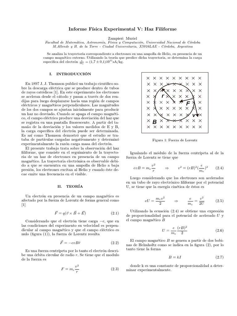 Informe Haz Filiforme | PDF | Electrón | Campo magnético