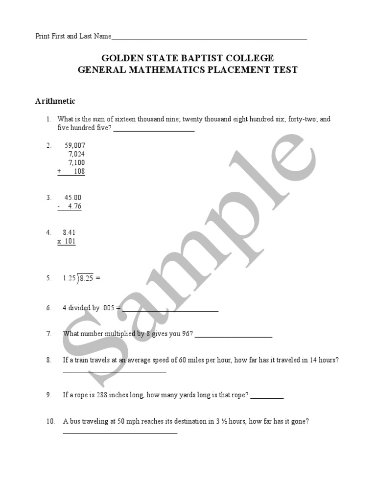 Golden State Baptist College General Mathematics Placement Test | PDF ...
