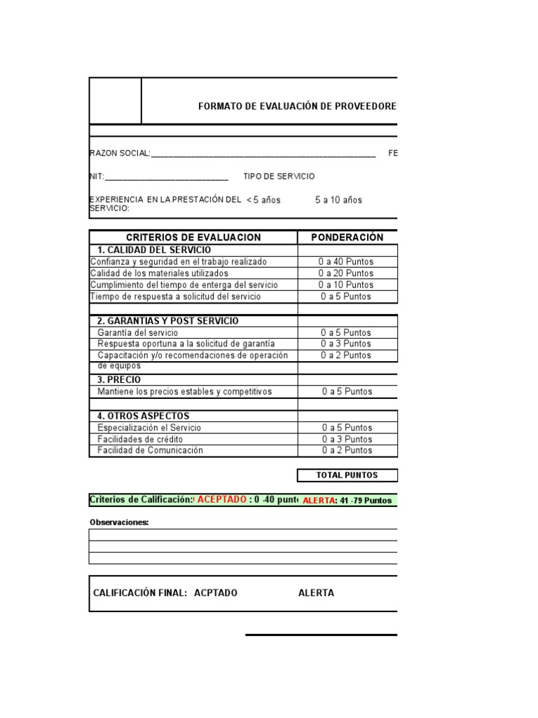 Formato Evaluacion de Proveedores de Servicio | PDF Formato Evaluacion de Proveedores de Servicio | PDF