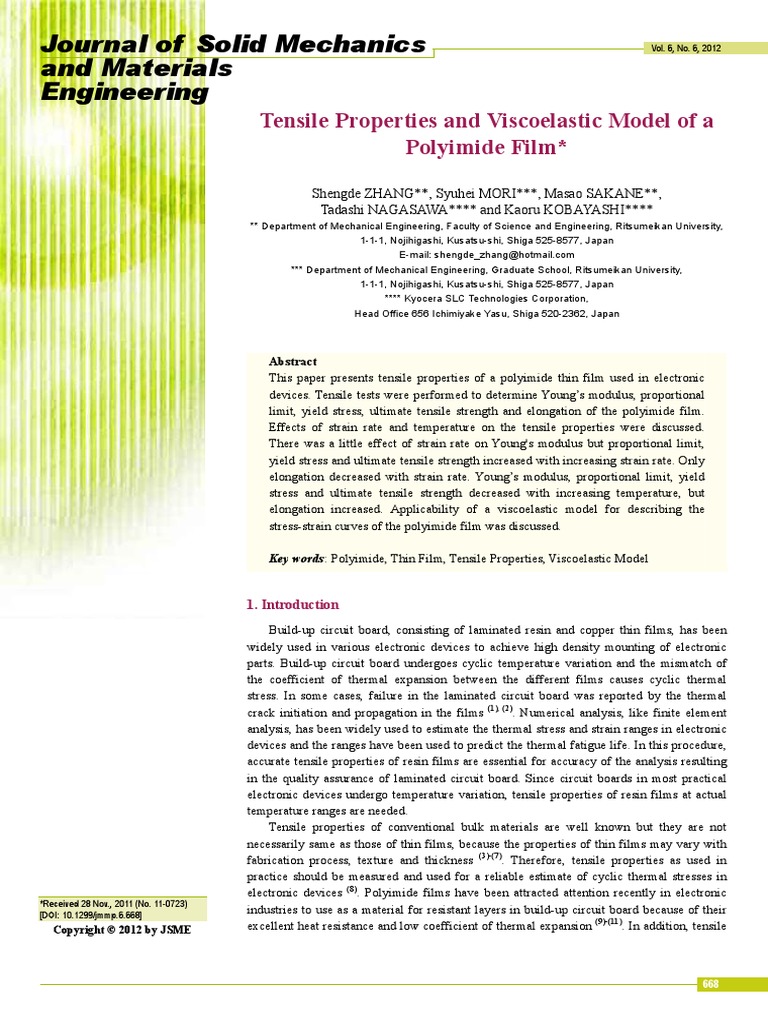 Tensile Properties and Viscoelastic Model of A Polyimide Film | PDF | Deformation (Engineering ...