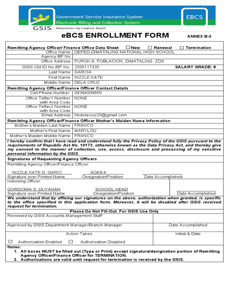 Annex B-3 - eBCS Enrollment Form | PDF | Computing | Privacy