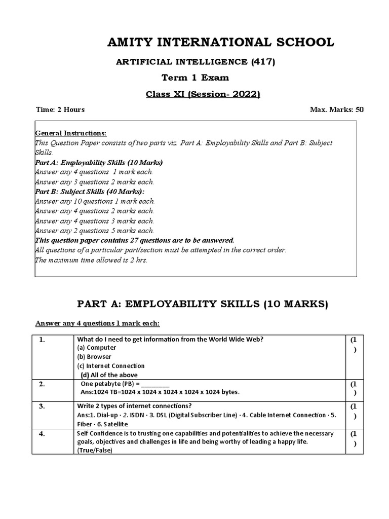 Amity International School: Artificial Intelligence (417) Class XI ...