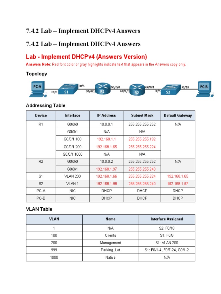 7 4 2 Lab Implement Dhcpv4 Answers | PDF | Cisco Certifications | Ip Address