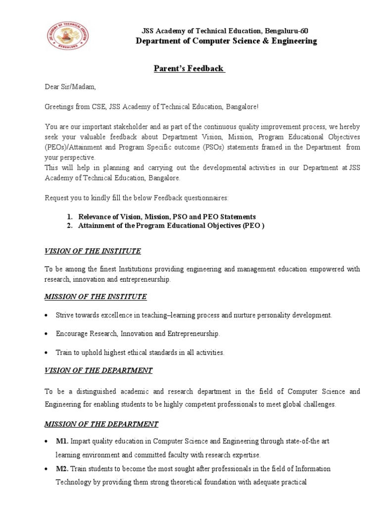 Feedback Questionnaires - Relevance of Vision, Mission, PSO, PEO and ...