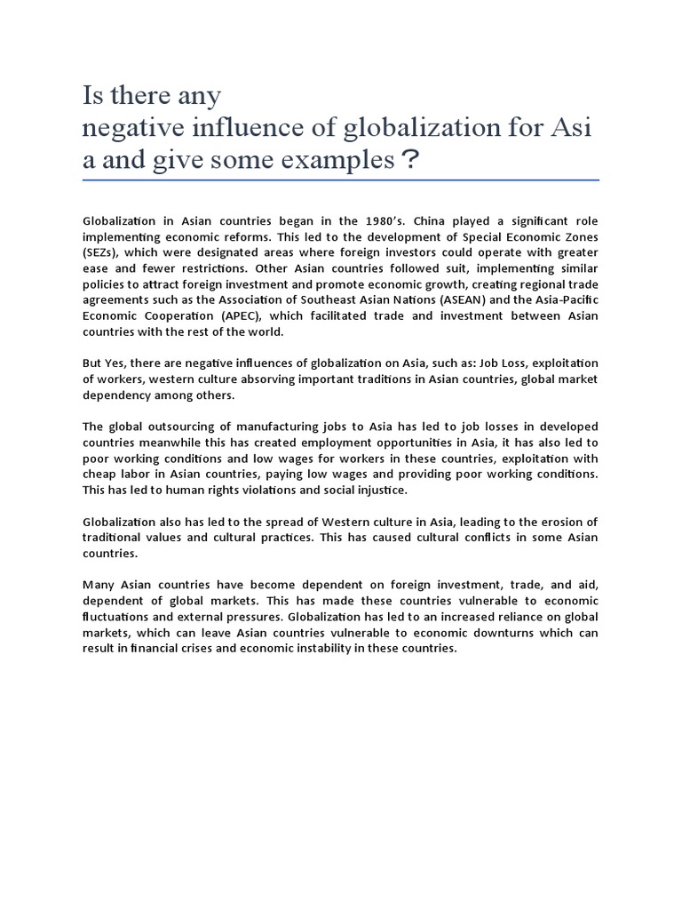 Negative Effects in Globalization in Asian countries | PDF ...