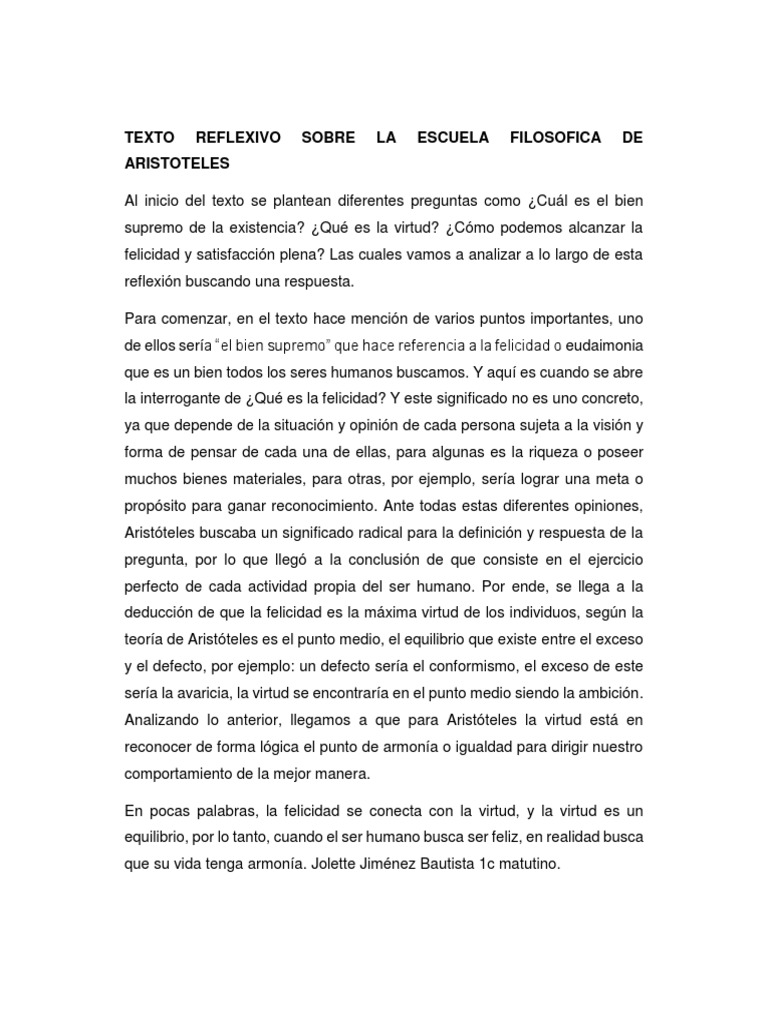 TEXTO REFLEXIVO SOBRE LA ESCUELA FILOSOFICA DE ARISTOTELES | PDF