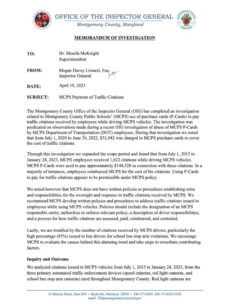2023 OIG Investigation Traffic Citations MCPS | PDF
