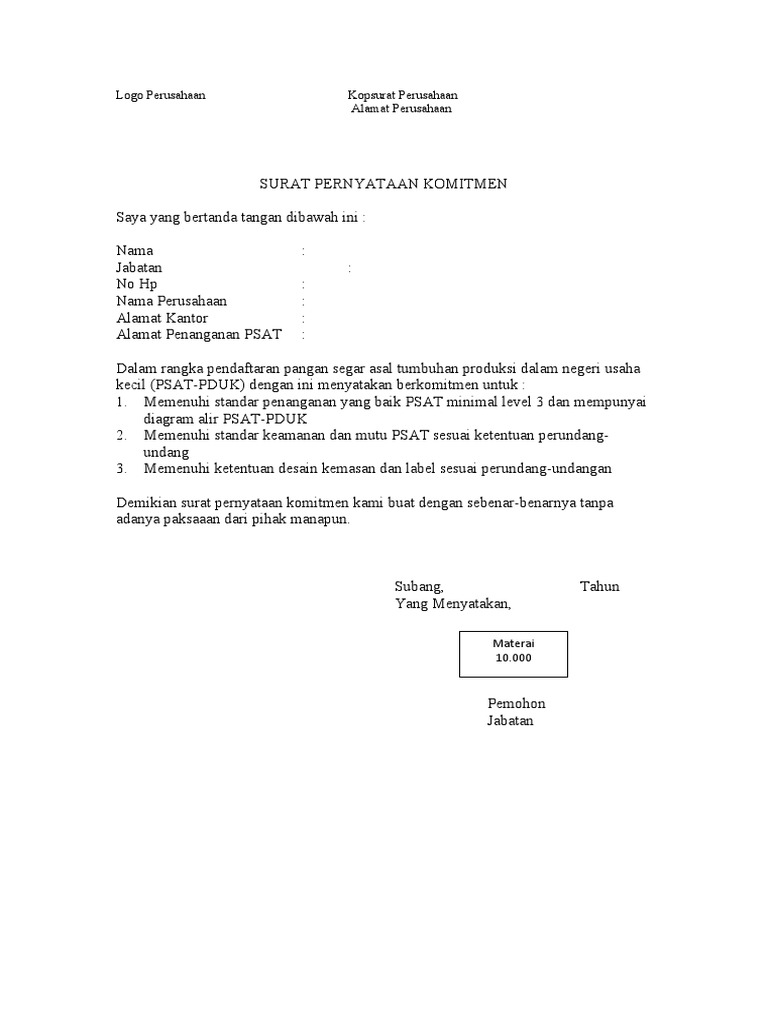 Surat Pernyataan Komitmen Standar Penanganan PSATPDUK3 | PDF