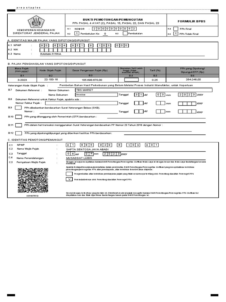 Bukti Pemotongan/Pemungutan Formulir BPBS: PPH Pasal 4 Ayat (2), Pasal 15, Pasal 22, Dan Pasal ...