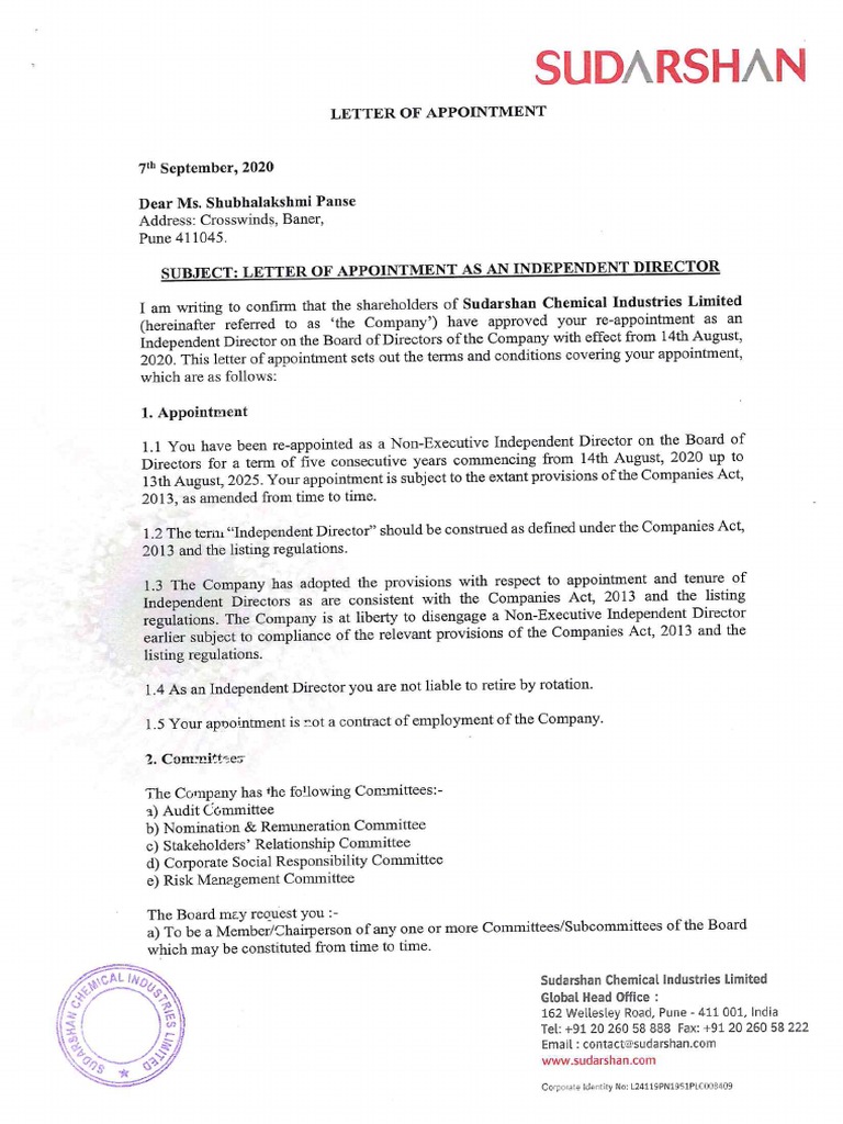 Letter of Appointment For S A Panse 4th September 2020 | PDF