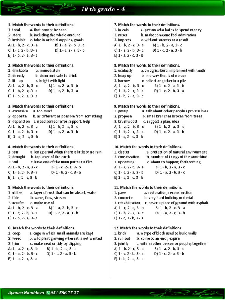 Matching Vocabulary Terms to Definitions: A 10th Grade English Language ...