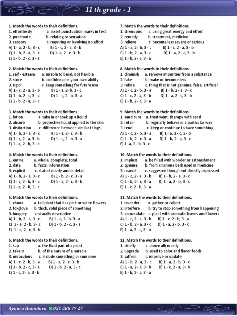 Vocabulary Matching Exercises for 11th Grade | PDF | Cognitive Science ...