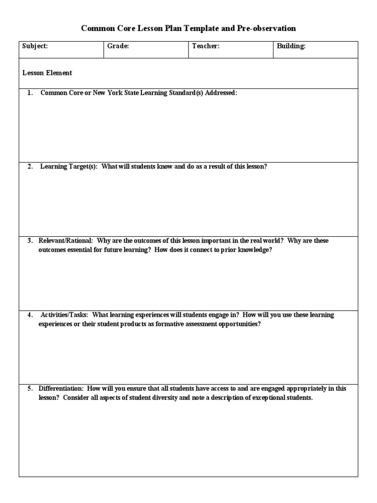 Common Core Lesson Plan Template and Pre-Option 1 | PDF