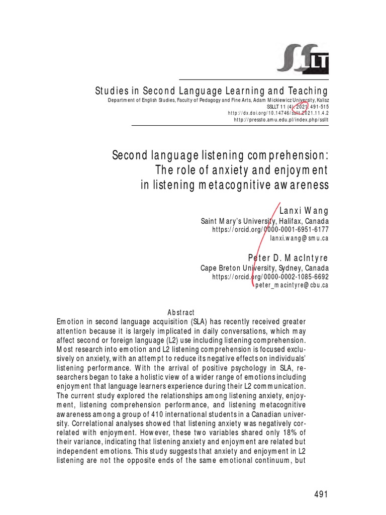 Second Language Listening Comprehension: The Role of Anxiety and ...