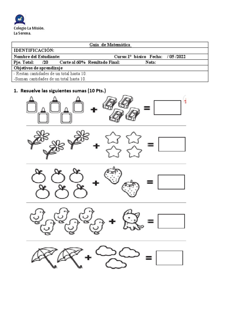 Guia de Matemática Sumas y Restas Hasta El 10 | PDF