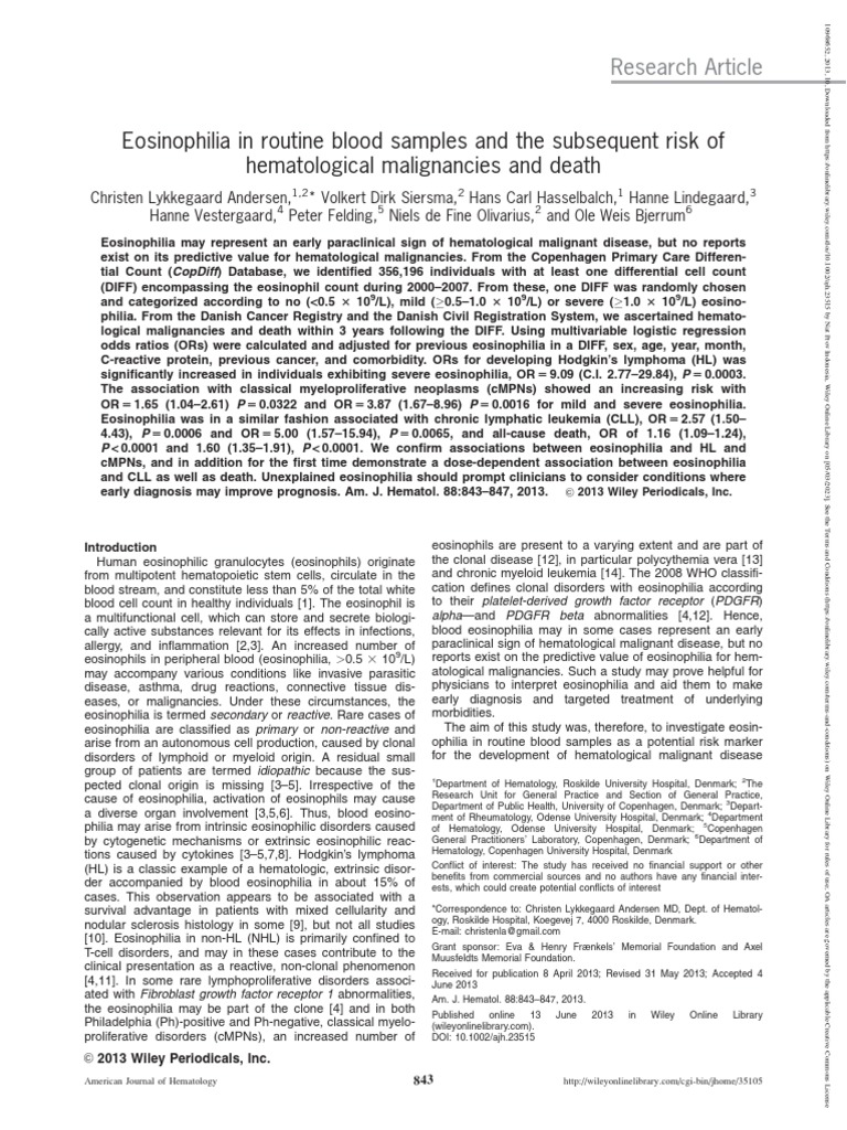 American J Hematol - 2013 - Andersen - Eosinophilia in Routine Blood Samples and The Subsequent ...