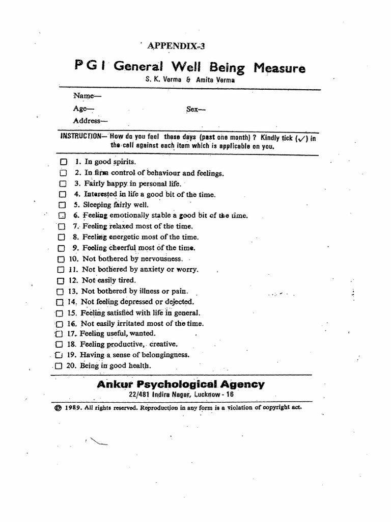 Pgi General Wellbeing Scale by Verma (Eng & Beng) | Download Free PDF | Metaphysics Of Mind ...