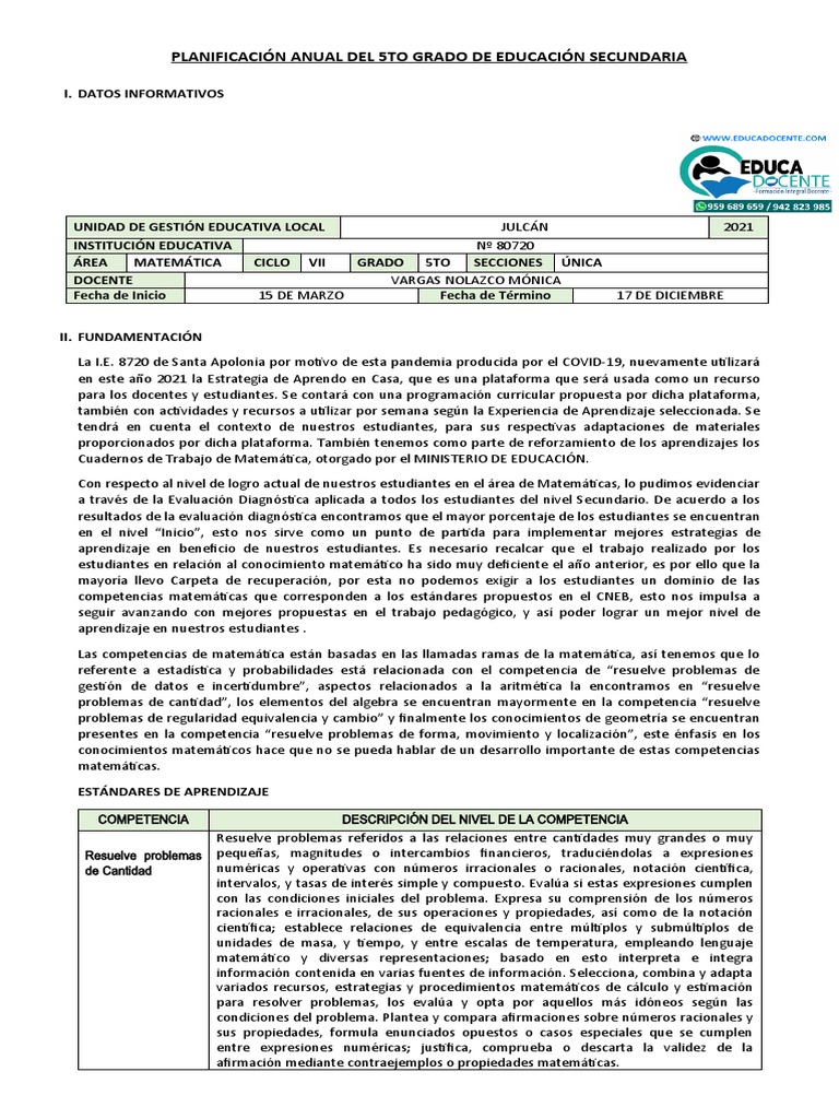 Planificacion Anual de Matematica-5º | PDF | Ecuaciones | Números