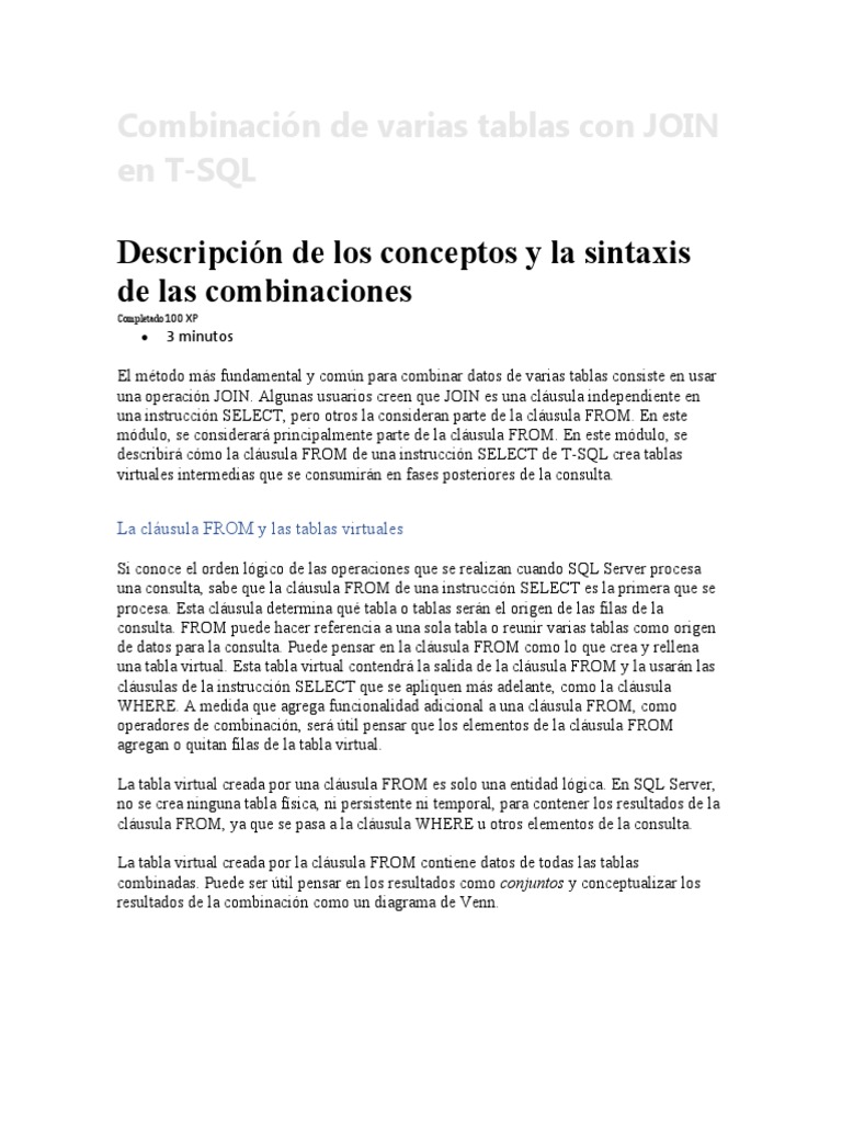 Combinación de varias tablas con JOIN en SQL | PDF | SQL | Servidor SQL ...