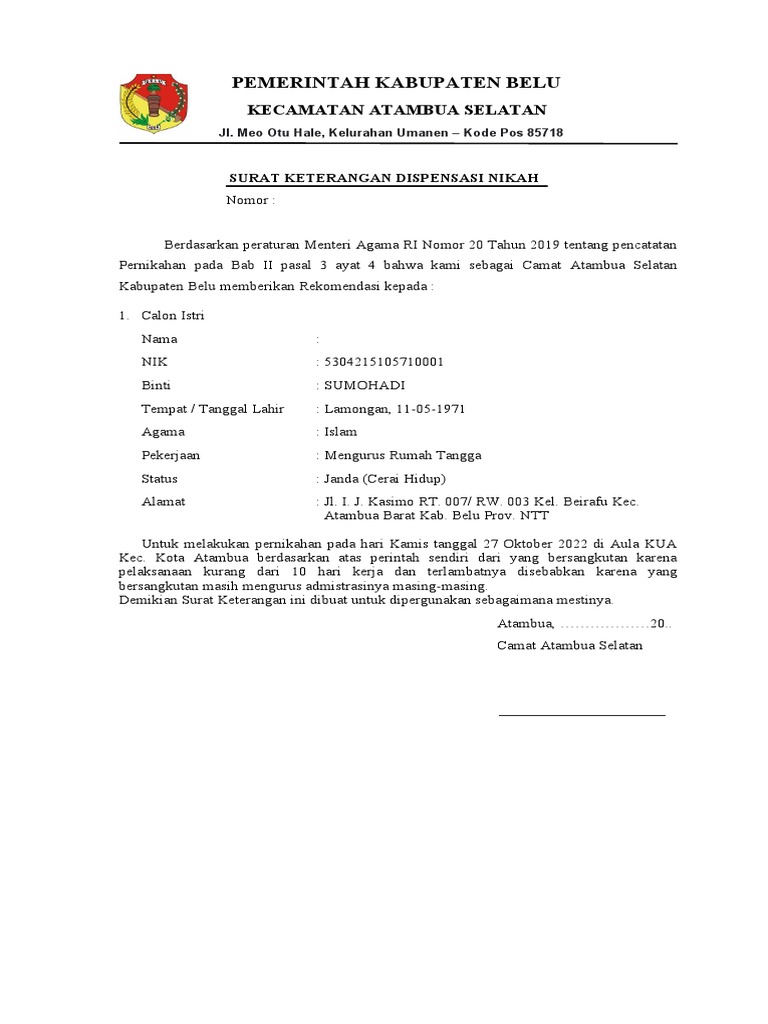 Kode Pos dan Dispensasi Nikah Atambua | PDF
