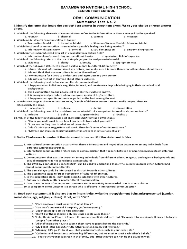 summative no. 2 ORAL COMMUNICATION | PDF | Communication | Cross ...