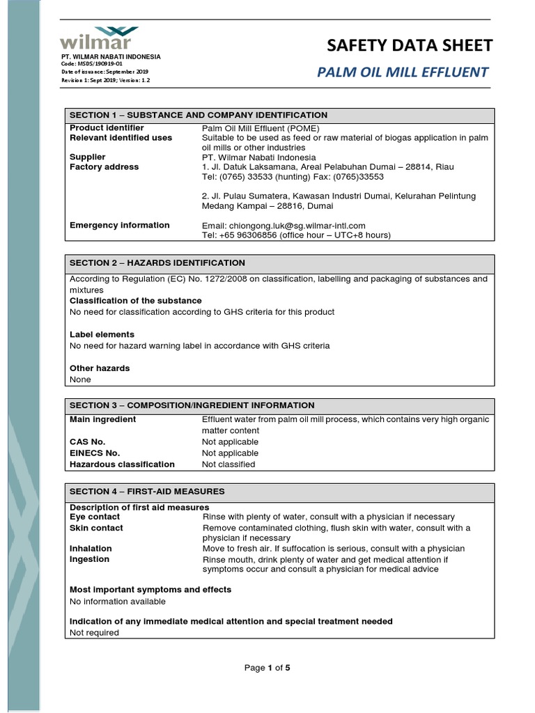 Safety Data Sheet: Palm Oil Mill Effluent | PDF | Toxicity | Chemistry
